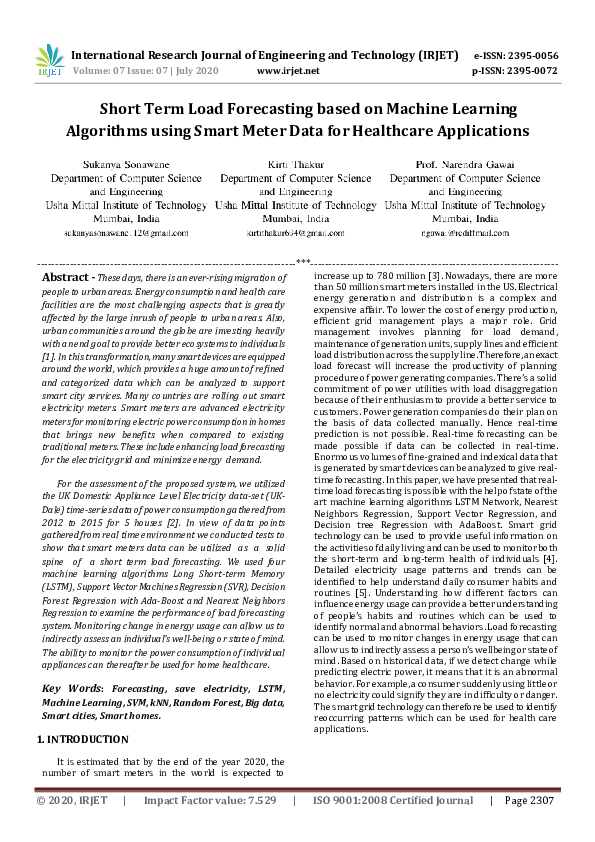 Pdf Irjet Short Term Load Forecasting Based On Machine Learning