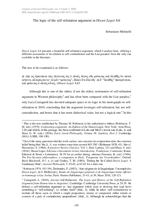 (PDF) The logic of the self-refutation argument in Dissoi Logoi 4.6