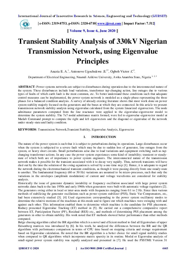 (PDF) Transient Stability Analysis of 330kV Nigerian Transmission Network, using Eigenvalue ...