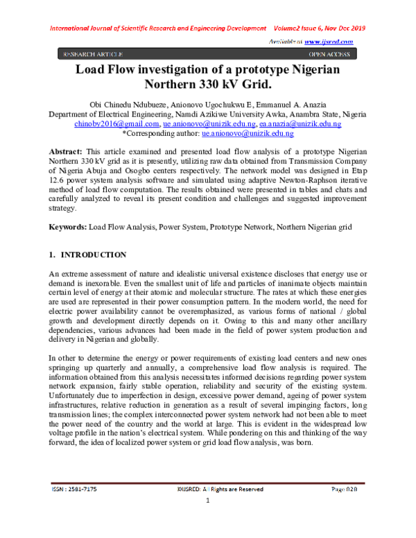 (PDF) Load Flow investigation of a prototype Nigerian Northern 330 kV Grid