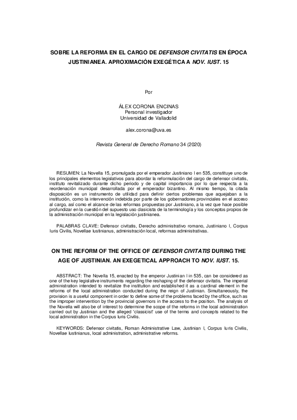 (PDF) Sobre la reforma en el cargo de defensor civitatis en época justinianea. Aproximación ...