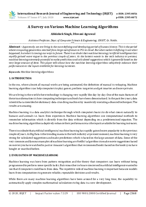 (PDF) IRJET- A Survey on Various Machine Learning Algorithms