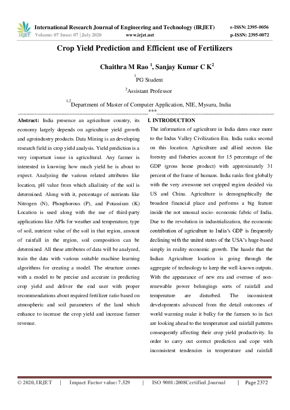 (PDF) IRJET-Crop Yield Prediction and Efficient Use of Fertilizers