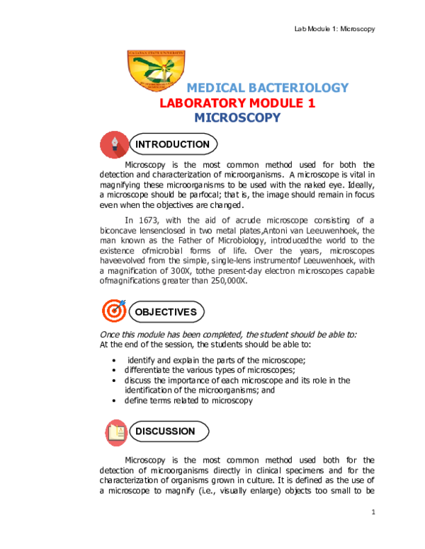 (DOC) MEDICAL BACTERIOLOGY LABORATORY MODULE 1 MICROSCOPY