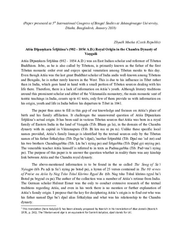 (DOC) Atiśa Dīpaṃkara Śrījñāna’s (982 - 1054 A.D.) Royal Origin in the ...