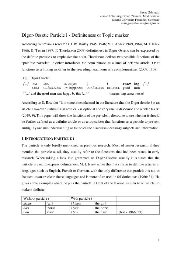 (PDF) Digor-Ossetic Particle i - Definiteness or Topic marker