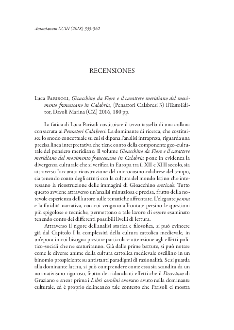 (PDF) Recensione a L. Parisoli, Gioacchino da Fiore e il carattere ...