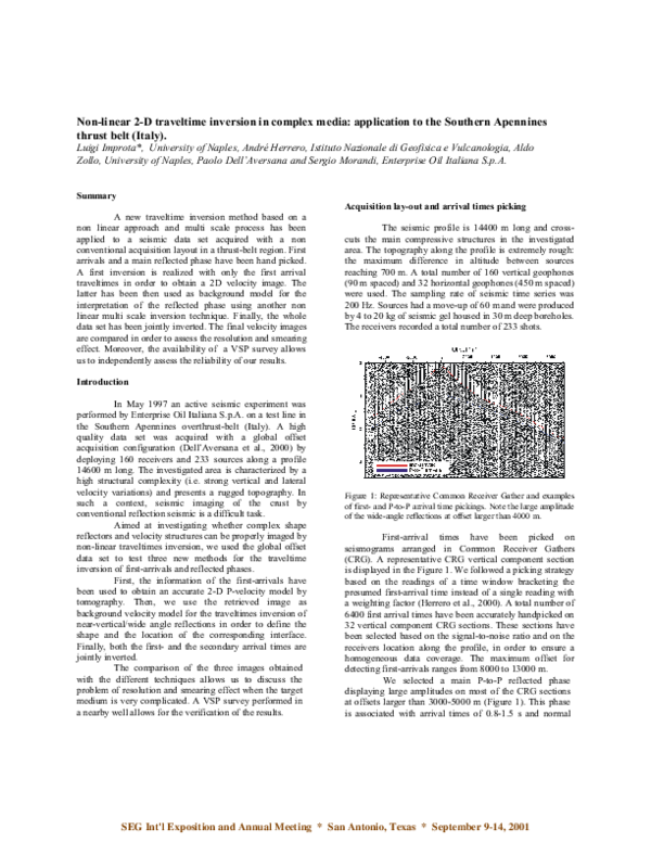 (PDF) Non-linear 2-D traveltime inversion in complex media: Application to the Southern ...