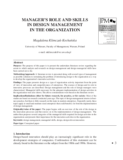 (PDF) Manager's Role and Skills in Design Management in the Organization