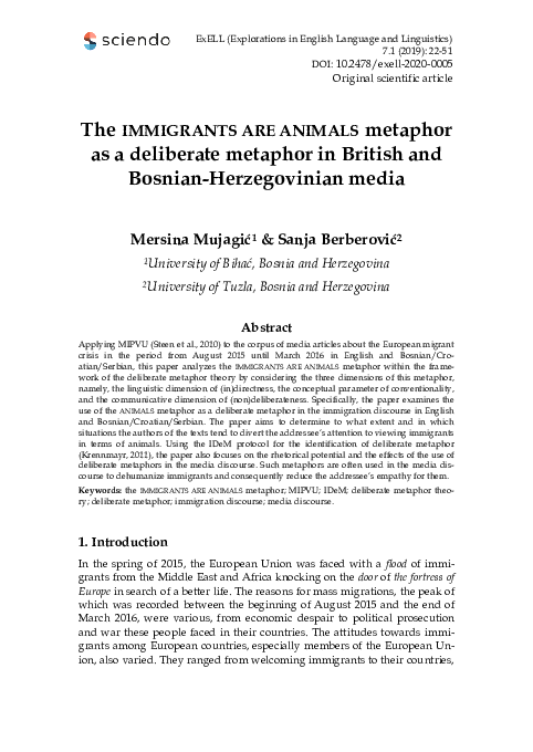 (PDF) The IMMIGRANTS ARE ANIMALS metaphor as a deliberate metaphor in ...