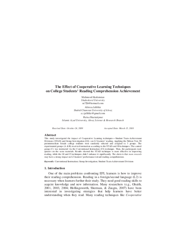 (PDF) The Effect of Cooperative Learning Techniques on College Students ...