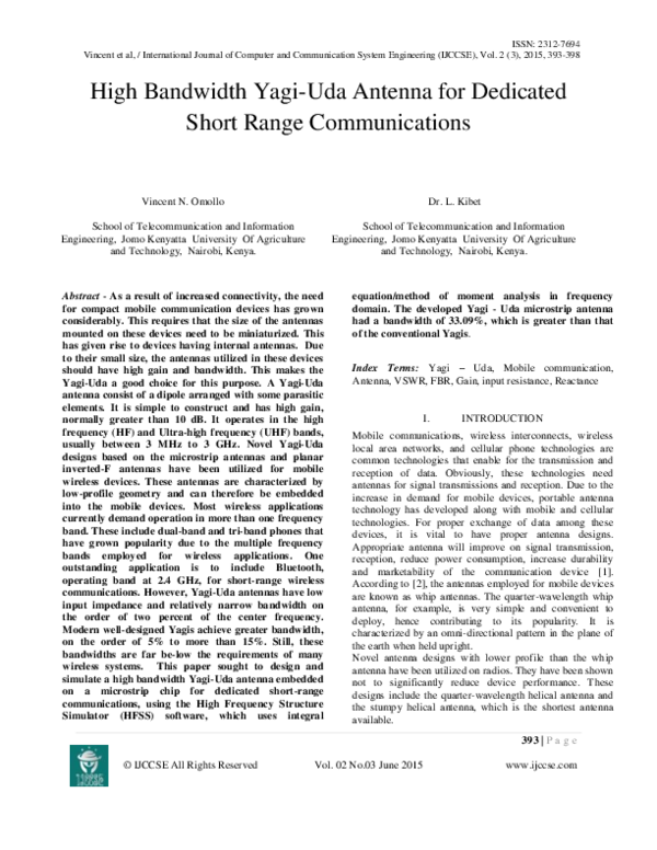(PDF) High Bandwidth Yagi-Uda Antenna for Dedicated Short Range Communications