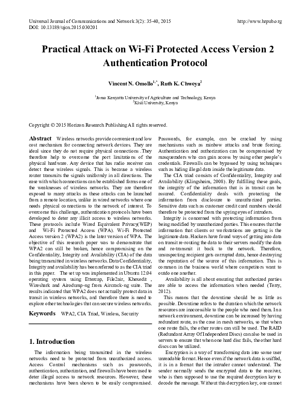 (PDF) Practical Attack on Wi-Fi Protected Access Version 2 ...