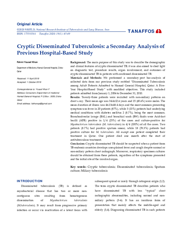 (PDF) Cryptic Disseminated Tuberculosis: a Secondary Analysis of Previous Hospital-Based Study