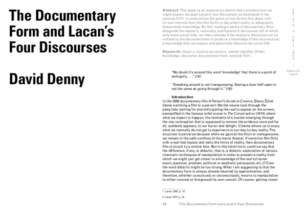 (PDF) The Documentary Form and Lacan's Four Discourses
