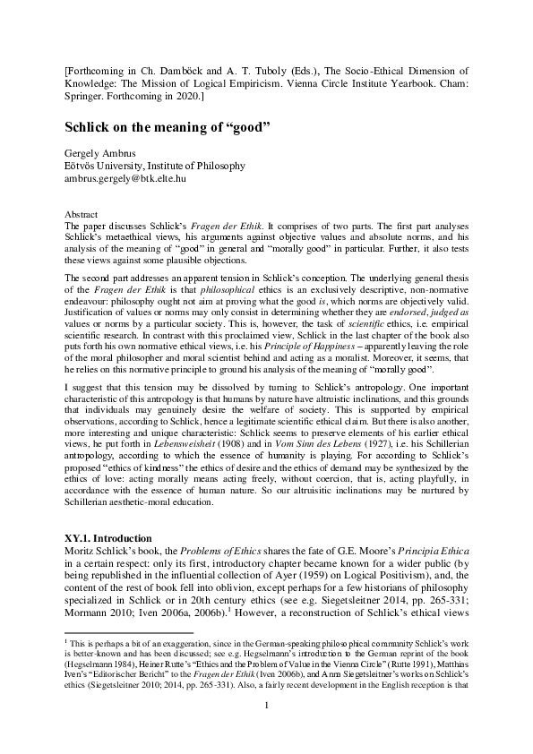 (PDF) Schlick on the meaning of "good"