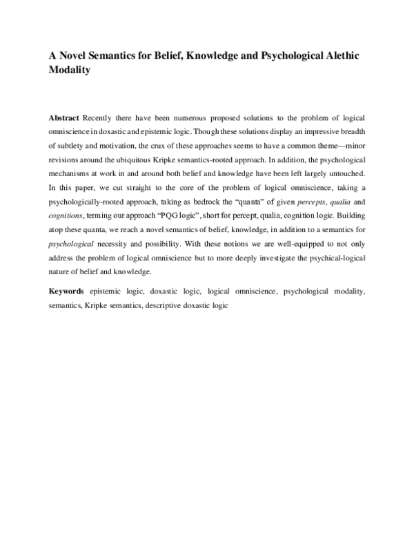 (PDF) A Novel Semantics for Belief, Knowledge and Psychological Alethic ...