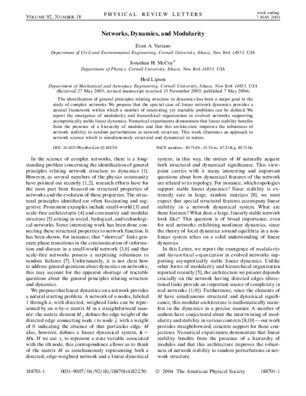 (PDF) Networks, Dynamics, and Modularity | Prof. Evan A Variano and J. McCoy - Academia.edu