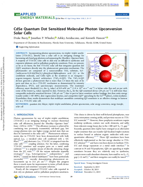 (PDF) CdSe Quantum Dot Sensitized Molecular Photon Upconversion Solar Cells