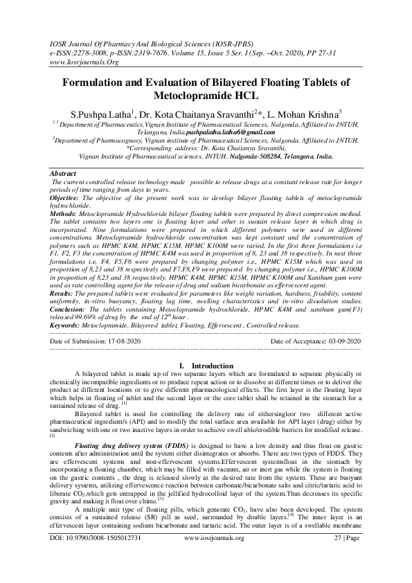 Pdf Formulation And Evaluation Of Bilayered Floating Tablets Of Metoclopramide Hcl