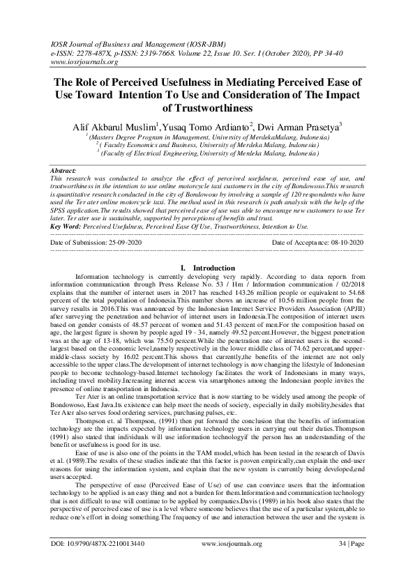 (PDF) The Role of Perceived Usefulness in Mediating Perceived Ease of Use Toward Intention To ...