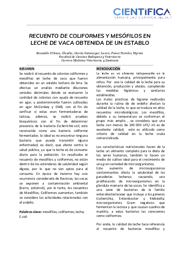 (PDF) RECUENTO DE COLIFORMES Y MESÓFILOS EN LECHE DE VACA OBTENIDA DE ...