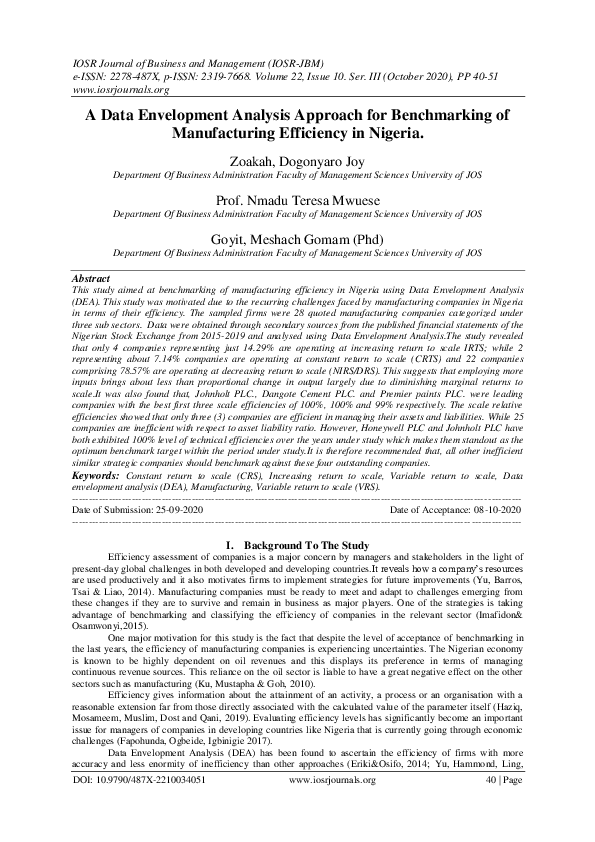(PDF) A Data Envelopment Analysis Approach for Benchmarking of Manufacturing Efficiency in Nigeria