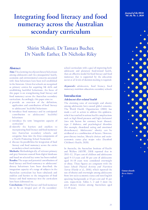 (PDF) Integrating food literacy and food numeracy across the Australian ...