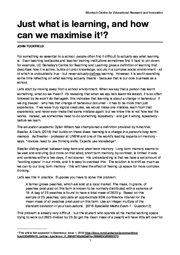 (PDF) Just what is learning, and how can we maximise it