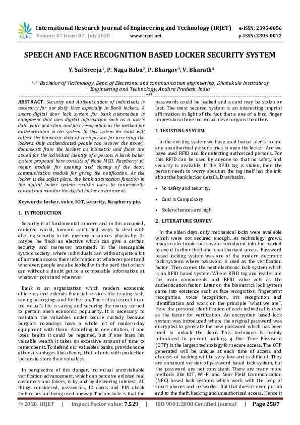 Pdf Irjet Speech And Face Recognition Based Locker Security System