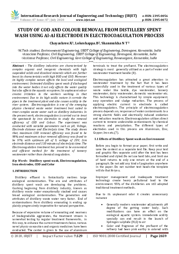 (PDF) IRJET- STUDY OF COD AND COLOUR REMOVAL FROM DISTILLERY SPENT WASH ...