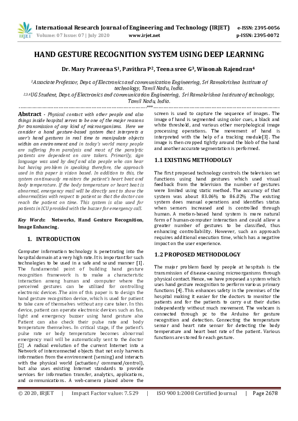 (PDF) IRJET- HAND GESTURE RECOGNITION SYSTEM USING DEEP LEARNING
