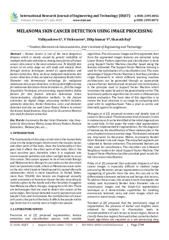 (PDF) IRJET- MELANOMA SKIN CANCER DETECTION USING IMAGE PROCESSING