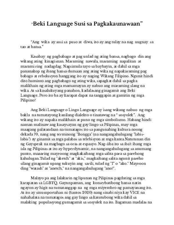 (DOC) "Beki Language Susi sa Pagkakaunawaan"