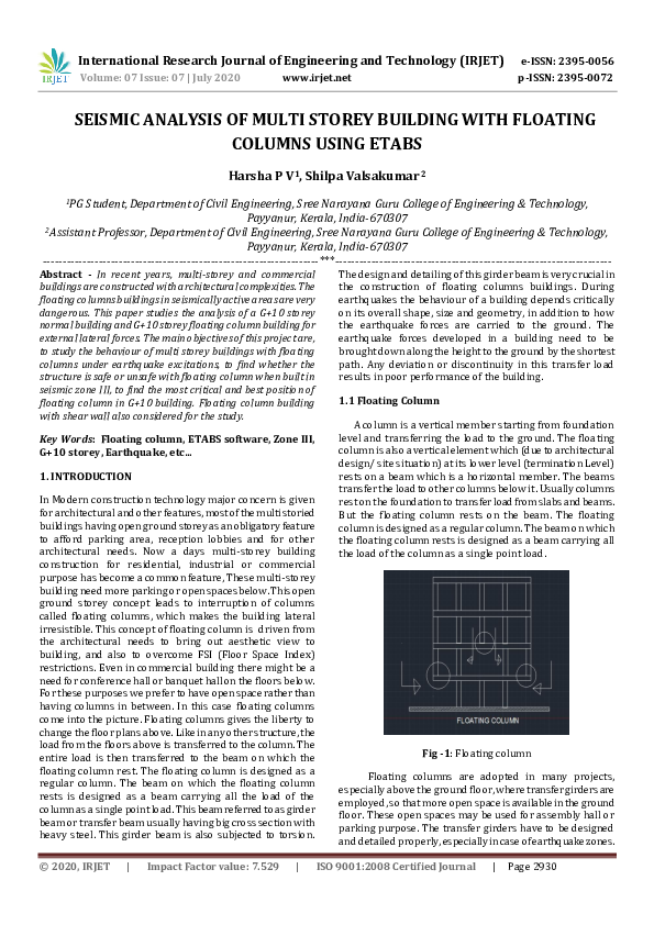 (PDF) IRJET- SEISMIC ANALYSIS OF MULTI STOREY BUILDING WITH FLOATING COLUMNS USING ETABS