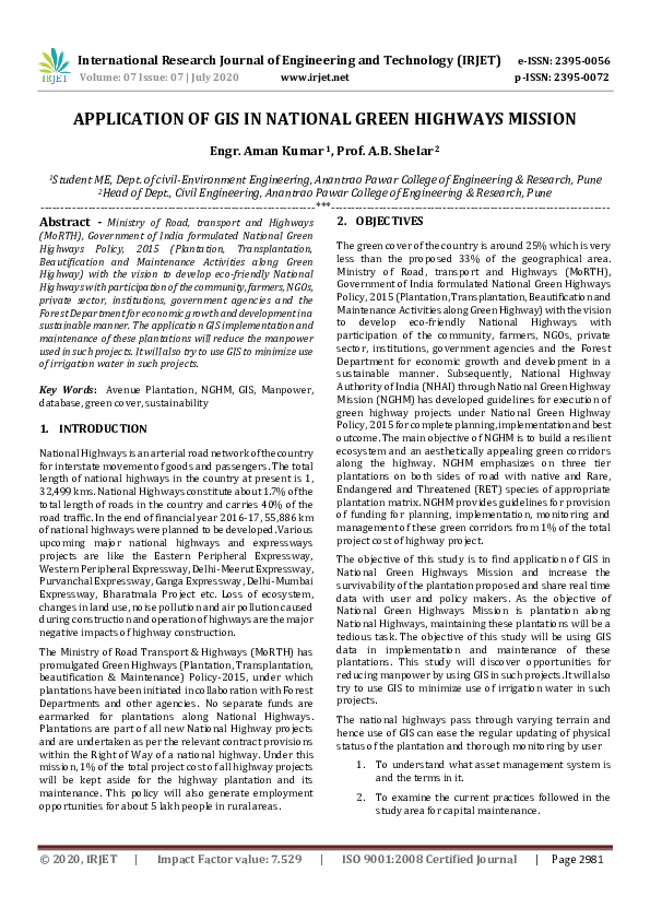 (PDF) APPLICATION OF GIS IN NATIONAL GREEN HIGHWAYS MISSION