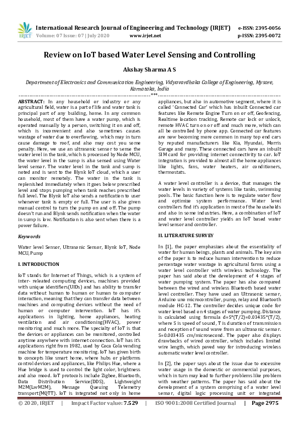 (PDF) IRJET- Review on IoT based Water Level Sensing and Controlling