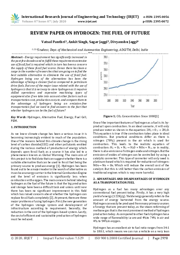 (PDF) IRJET- REVIEW PAPER ON HYDROGEN: THE FUEL OF FUTURE