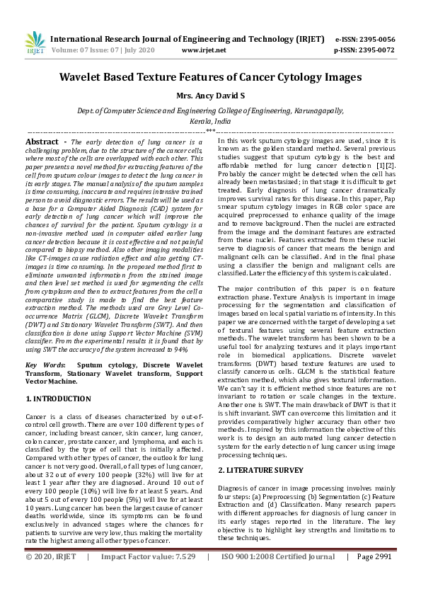 (PDF) IRJET- Wavelet Based Texture Features of Cancer Cytology Images (PDF) IRJET- Wavelet Based Texture Features of Cancer Cytology Images