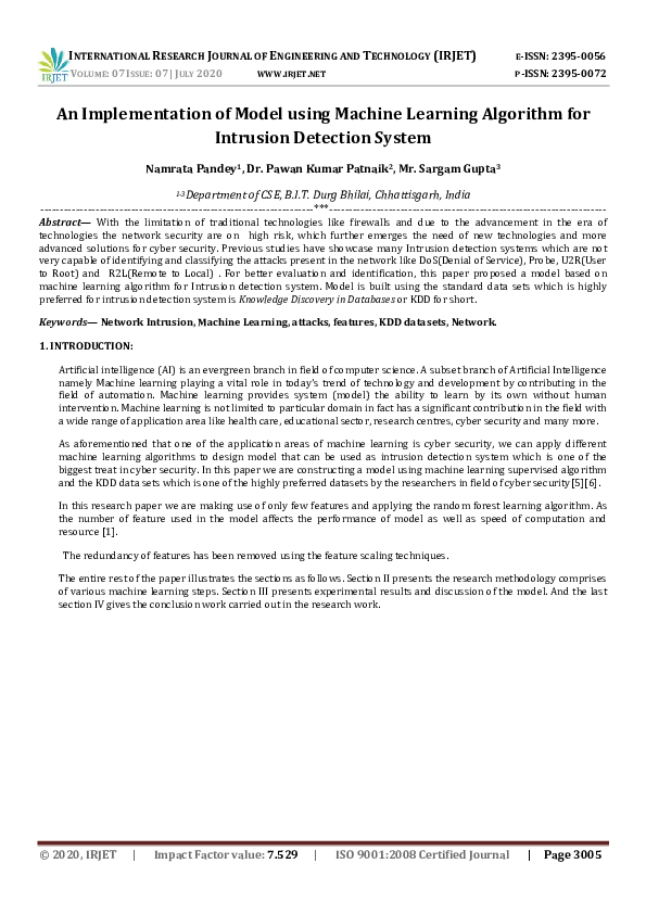 Pdf Irjet An Implementation Of Model Using Machine Learning Algorithm For Intrusion Detection