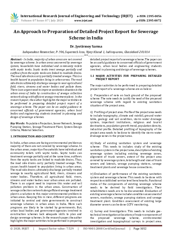 (PDF) IRJET-An Approach to Preparation of Detailed Project Report for ...