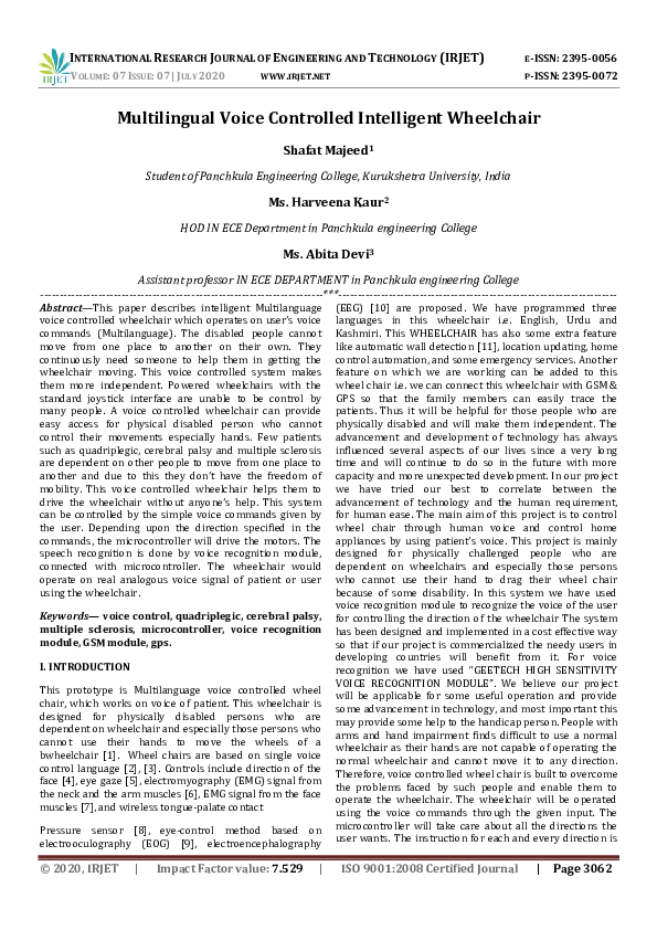 (PDF) IRJET- Multilingual Voice Controlled Intelligent Wheelchair (PDF) IRJET- Multilingual Voice Controlled Intelligent Wheelchair