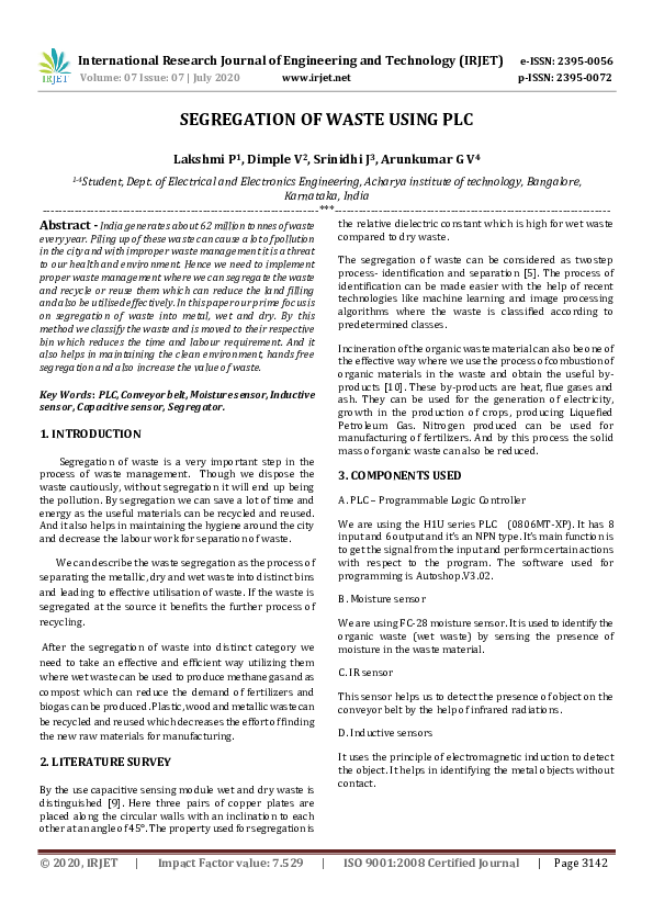 (PDF) IRJET- SEGREGATION OF WASTE USING PLC