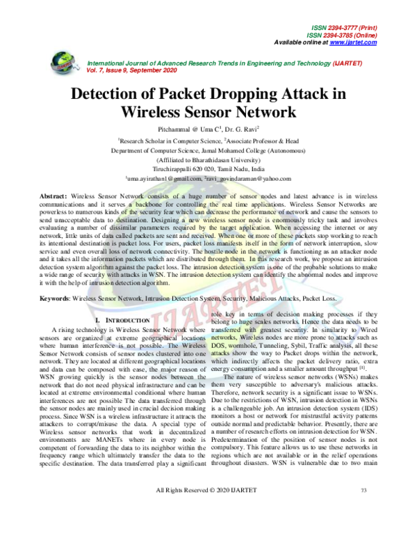 Pdf Detection Of Packet Dropping Attack In Ijartet Journal