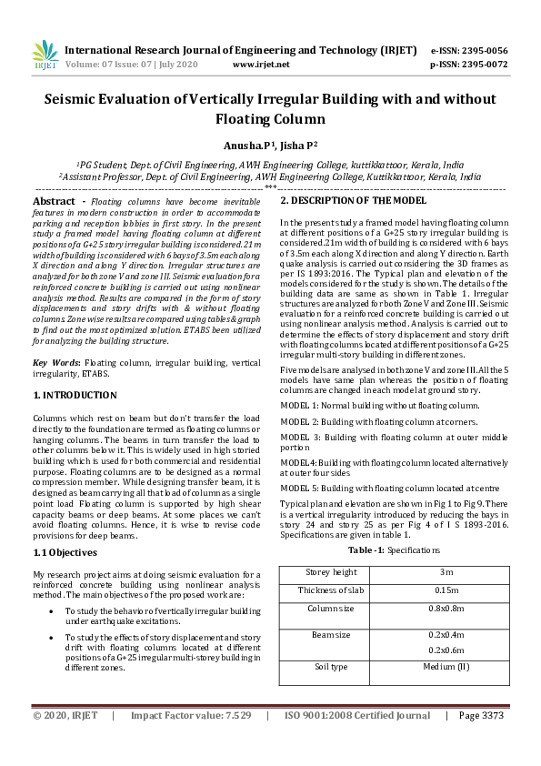 Pdf Irjet Seismic Evaluation Of Vertically Irregular Building With And Without Floating Column