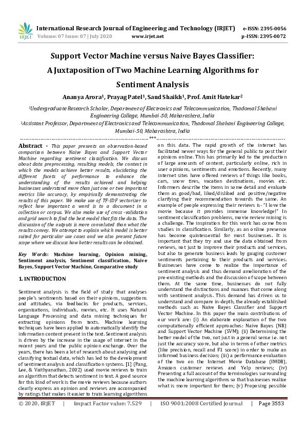 (PDF) IRJET- Support Vector Machine versus Naive Bayes Classifier: A Juxtaposition of Two ...