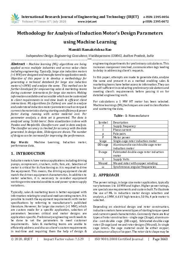 Pdf Irjet Methodology For Analysis Of Induction Motors Design Parameters Using Machine Learning