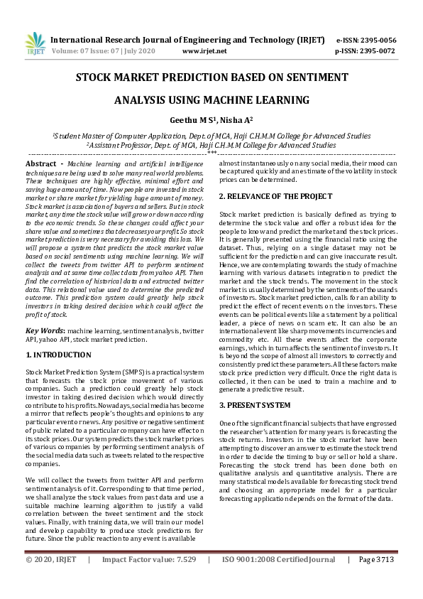(PDF) IRJET- STOCK MARKET PREDICTION BASED ON SENTIMENT ANALYSIS USING MACHINE LEARNING