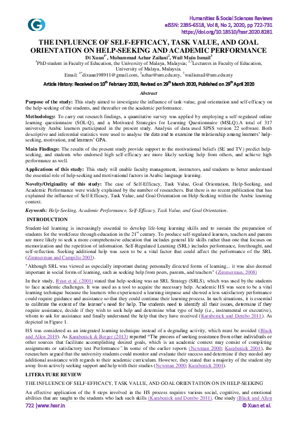 (PDF) THE INFLUENCE OF SELF-EFFICACY, TASK VALUE, AND GOAL ORIENTATION ...