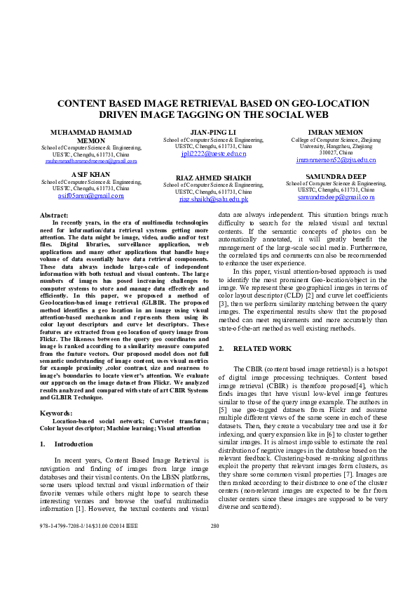 (PDF) Content based image retrieval based on geo-location driven image tagging on the social web